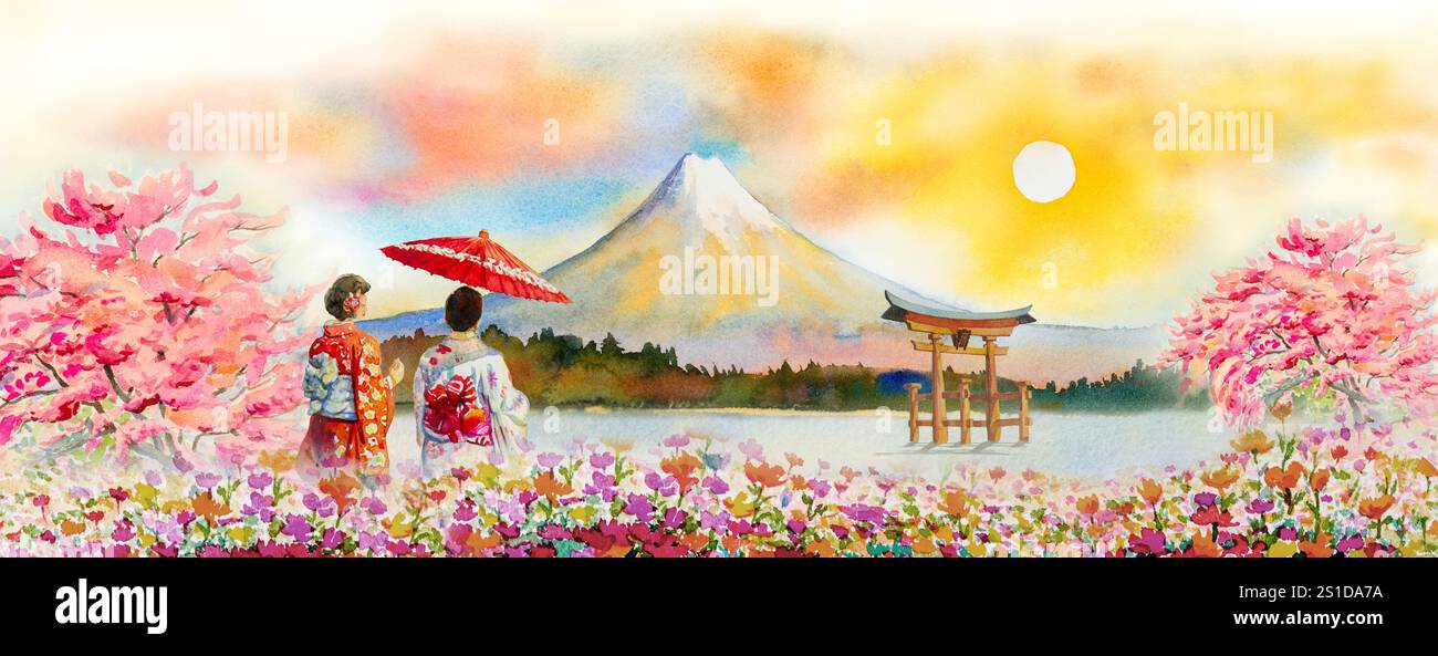 Travel Mount Fuji of Japan - Famous landmarks of the Asian. Woman ...