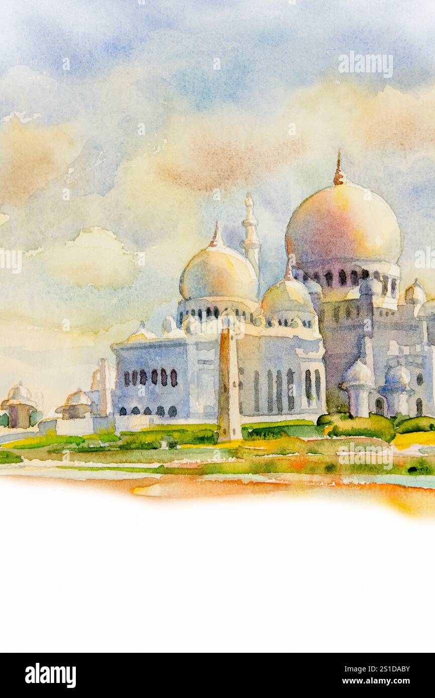 Watercolor painting travel landscape Sheikh Zayed Grand Mosque is the ...