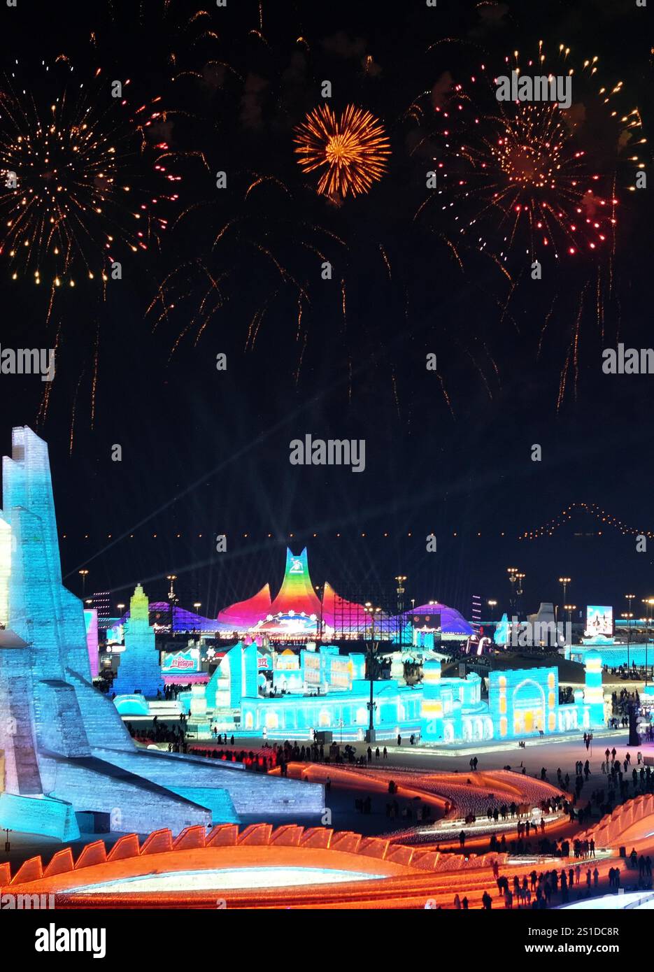 Fireworks celebrating the New Year illuminate the sky over the Ice and ...