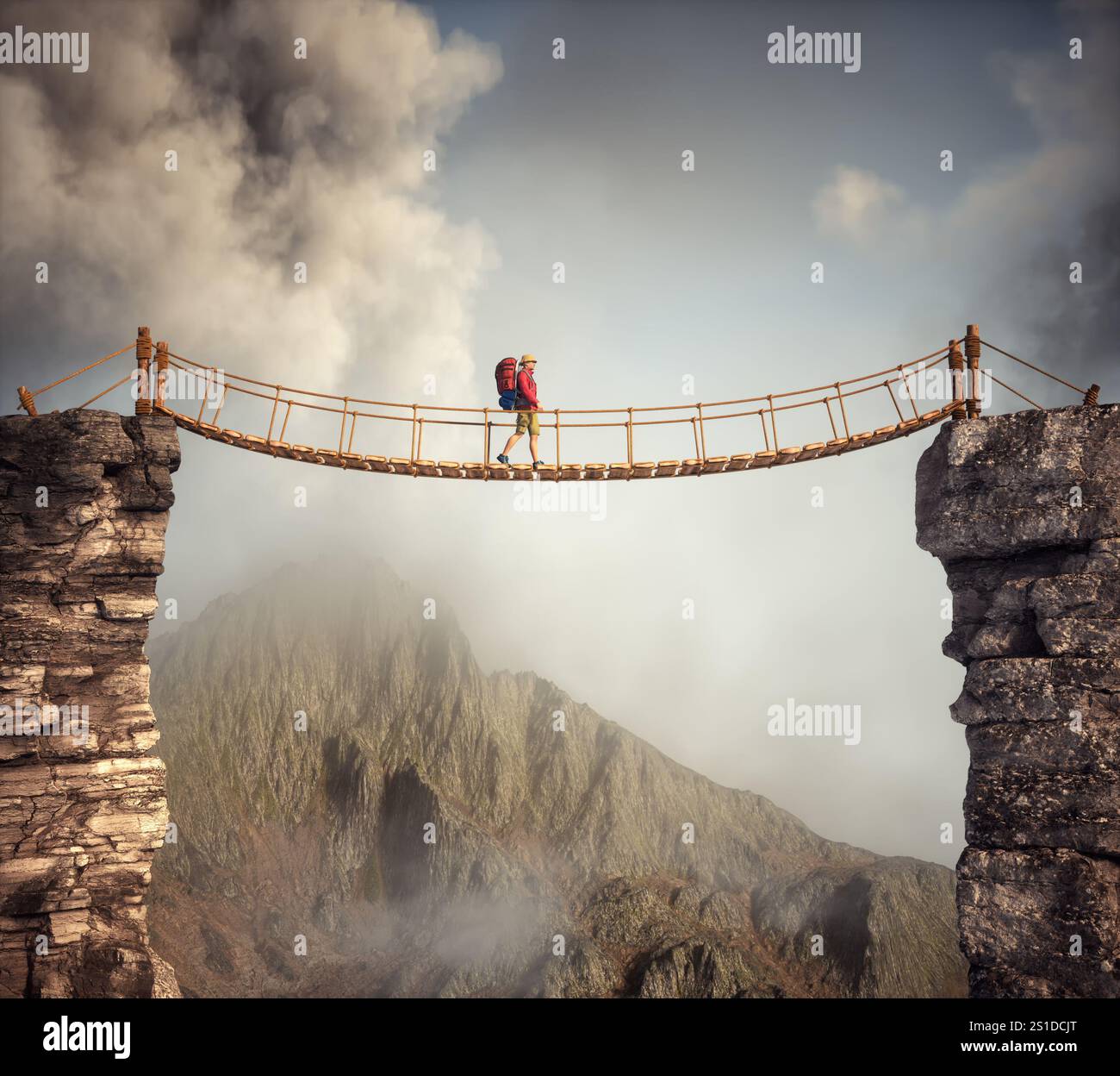 Hiker walking on a suspension bridge between mountains. THIS IS A 3D ...