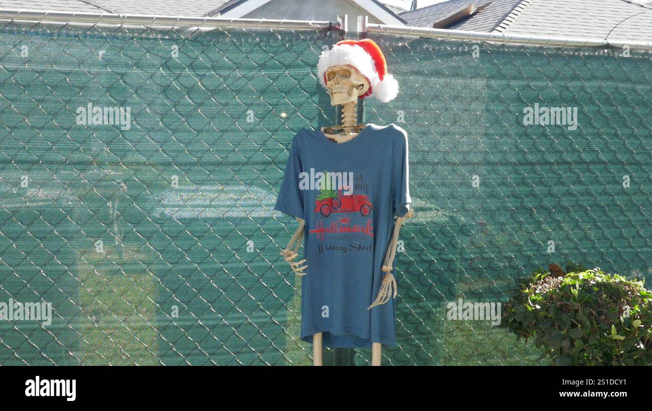 Los Angeles, California, USA 2nd January 2025 Skeleton with Santa Claus ...