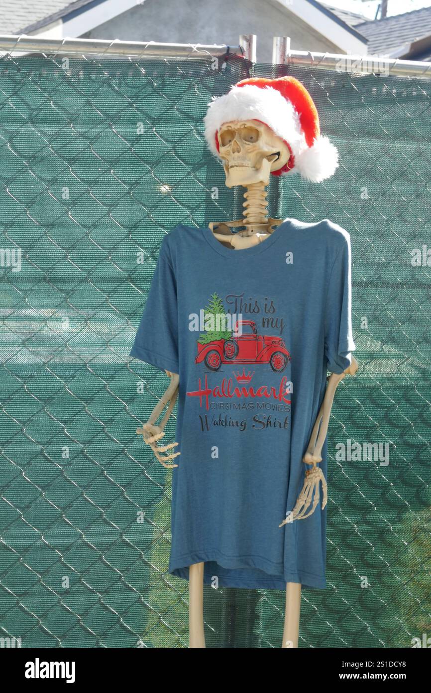 Los Angeles, California, USA 2nd January 2025 Skeleton with Santa Claus ...