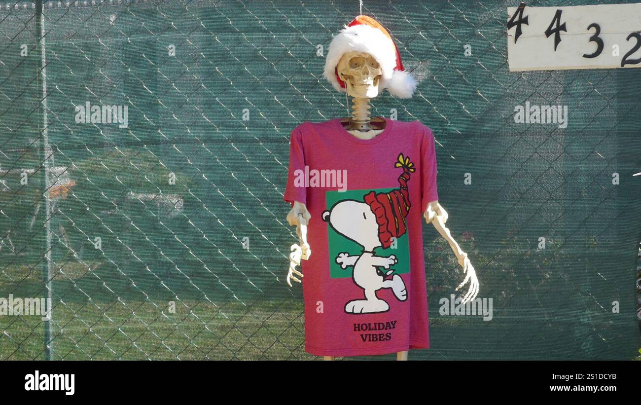 Los Angeles, California, USA 2nd January 2025 Skeleton with Santa Claus ...