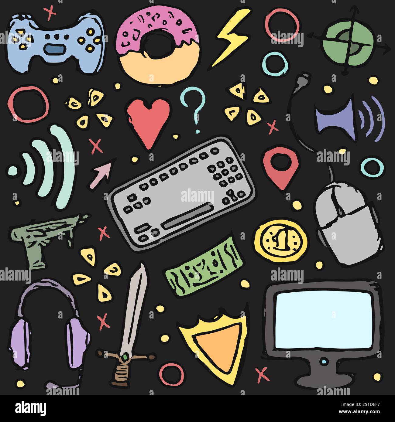 Set Gaming icons. Hand drawn doodle gaming illustration Stock Photo - Alamy