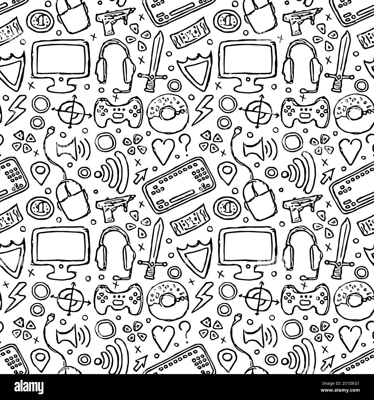Seamless gaming pattern. Hand drawn gaming icons background Stock Photo ...