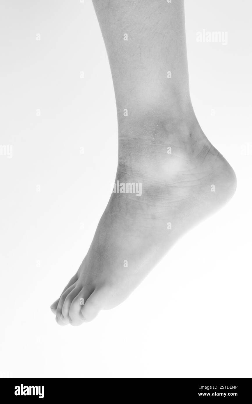 A grayscale studio shot showing detail of a human foot and lower leg ...