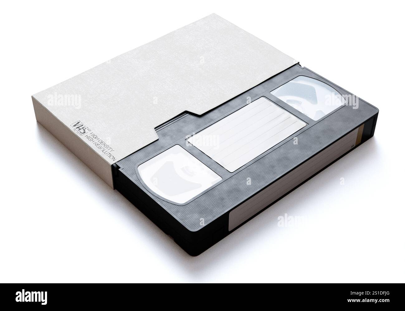A closeup of a black video cassette analog tape VHS cassette and a ...