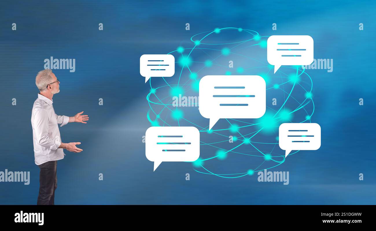 Businessman showing a global communication concept on a wall screen ...