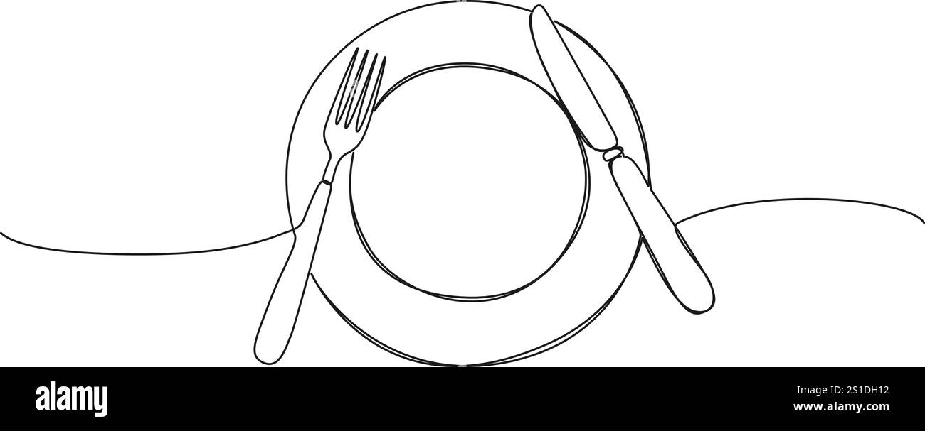 continuous line drawing of fork and knife on plate, line art vector ...