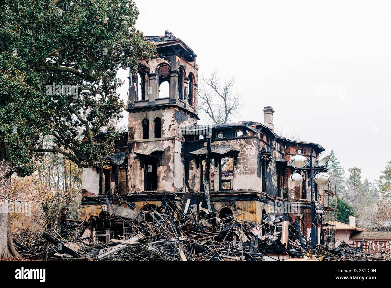 Charred remains of Bidwell Mansion in Chico, CA after arson Stock Photo ...