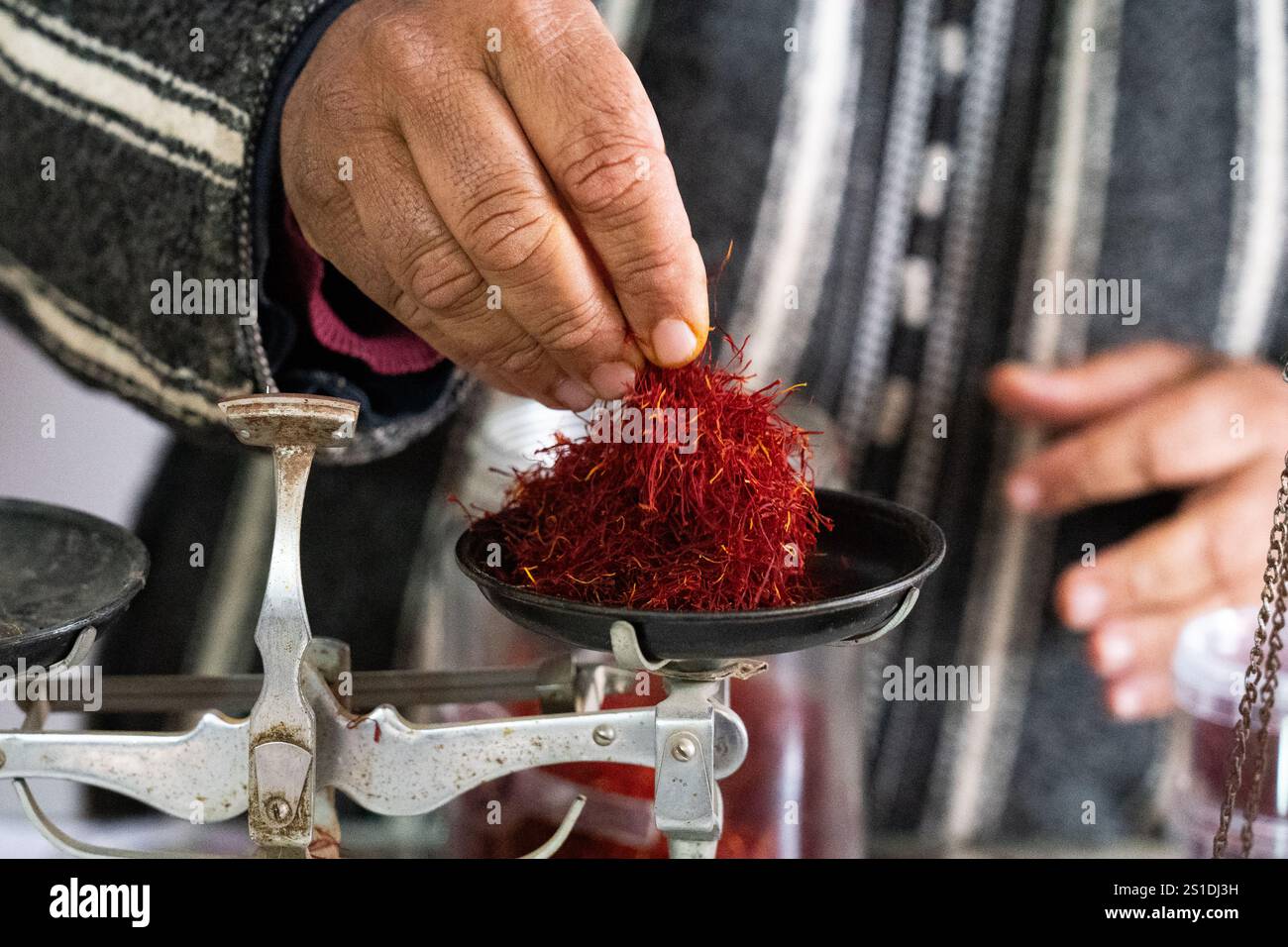 A hand placing saffron strands onto a balance scale for weighing Stock ...