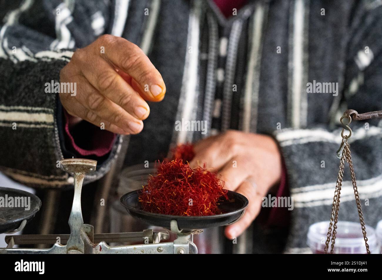 A hand placing saffron strands onto a balance scale for weighing Stock ...