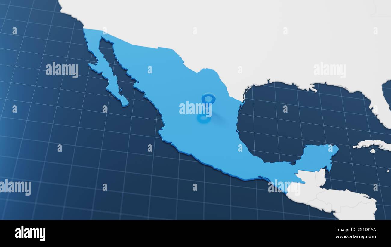 Blue Mexico 3d map with pointer pin surrounded with other countries in ...