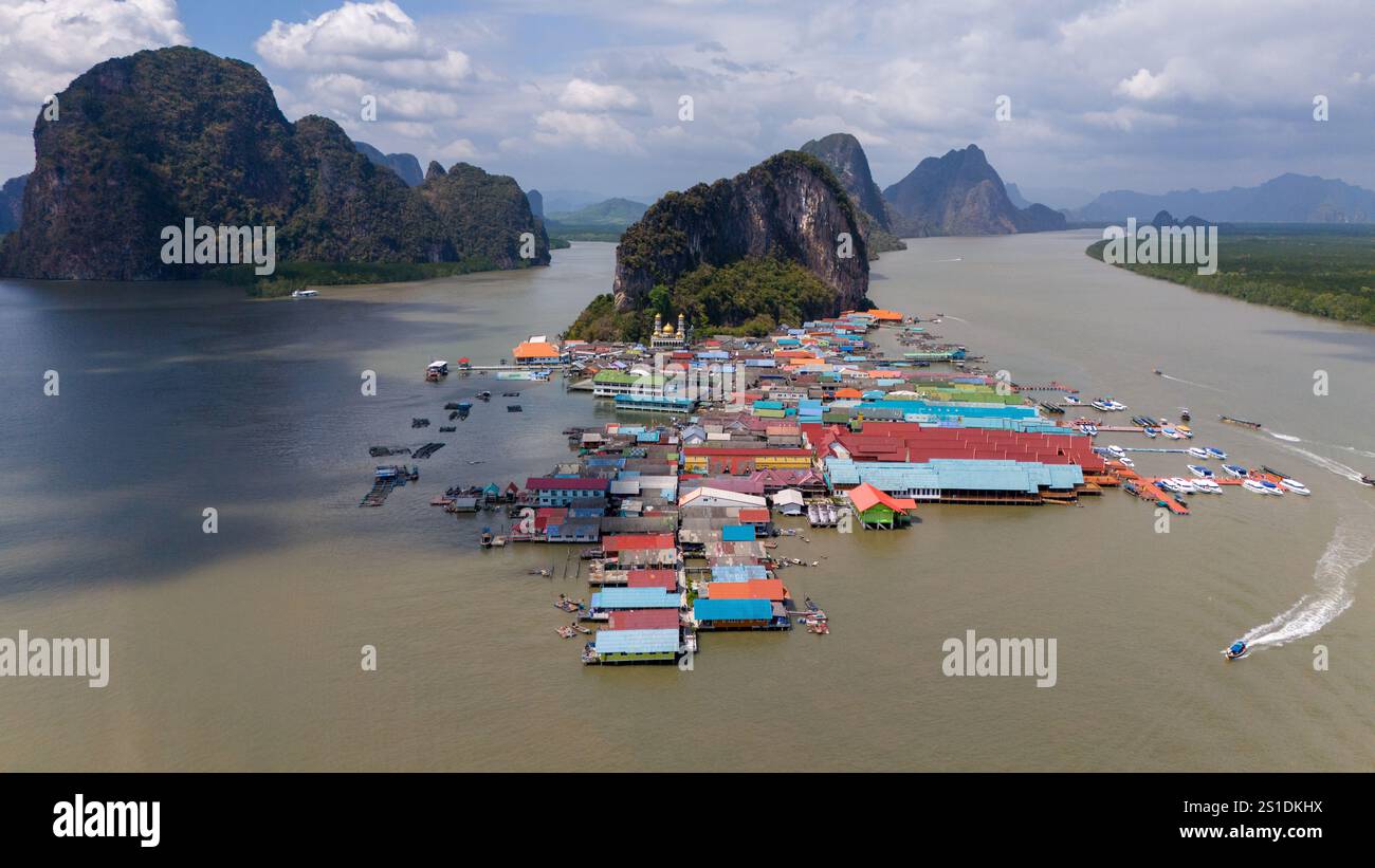 Drone aerial view of Koh Panyi floating island and it's iconic football ...