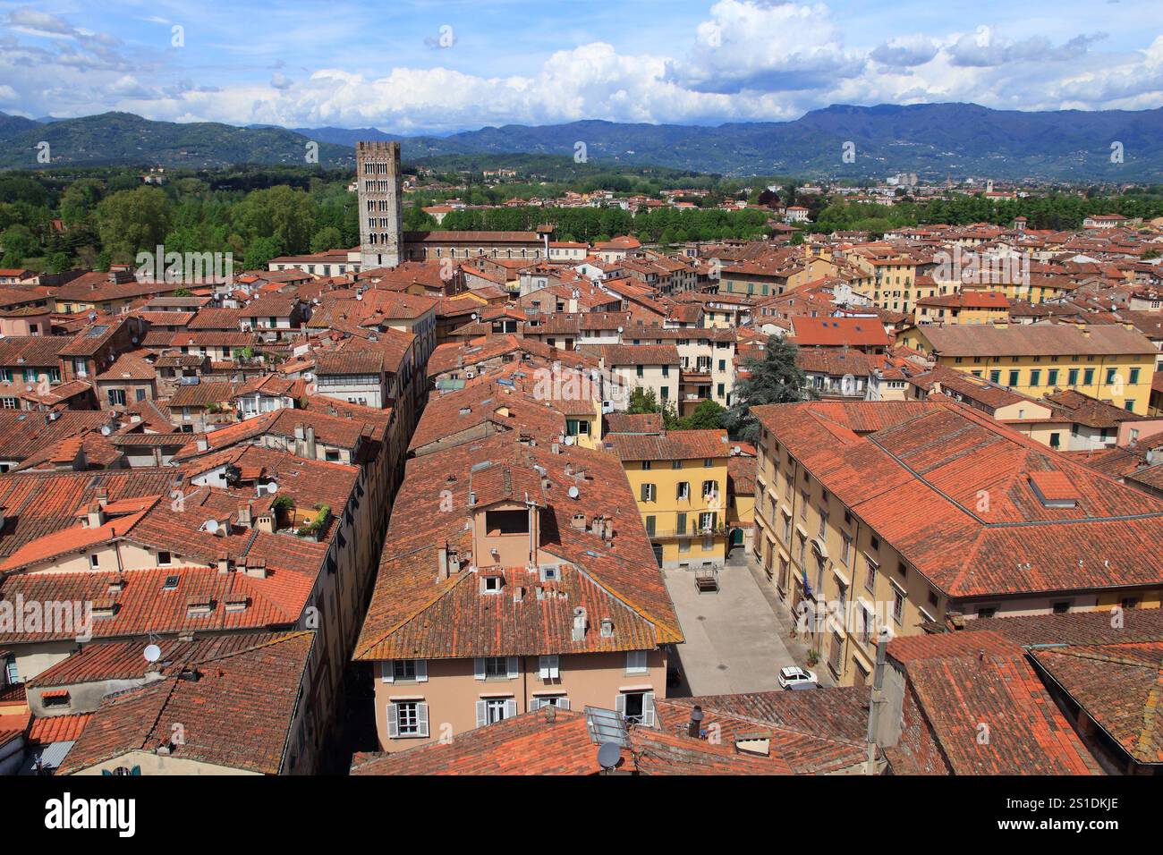Lucca, Italy - medieval town of Tuscany. Aerial view with Basilica di ...
