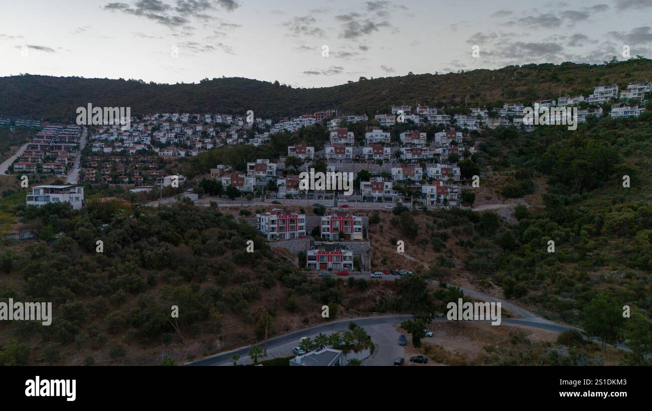 Drone aerial view of coastal city port of Gulluk in Turkey Stock Photo ...