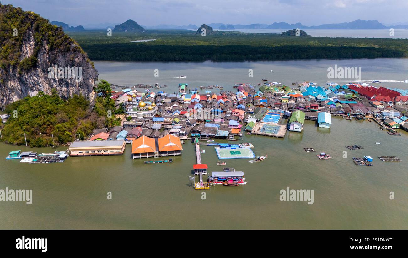 Drone aerial view of Koh Panyi floating island and it's iconic football ...
