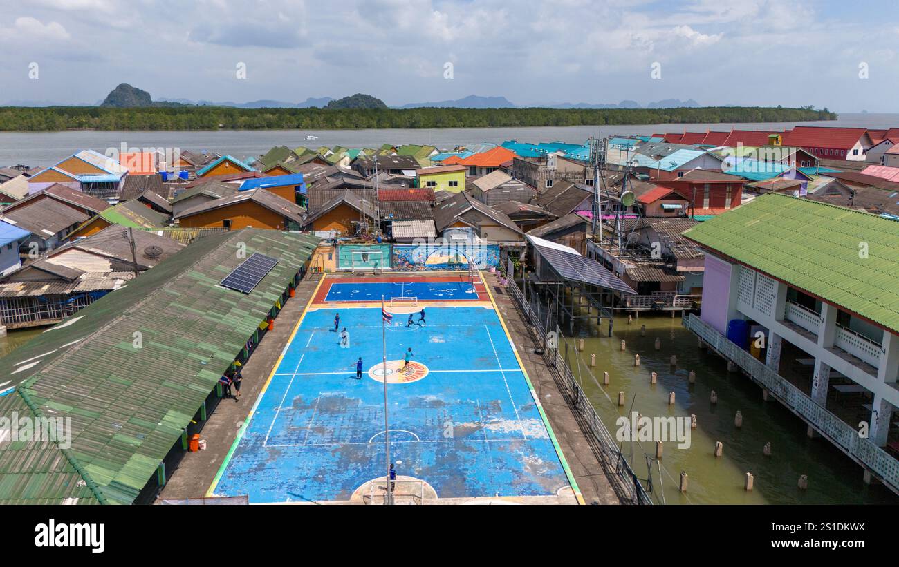 Drone aerial view of Koh Panyi floating island and it's iconic football ...