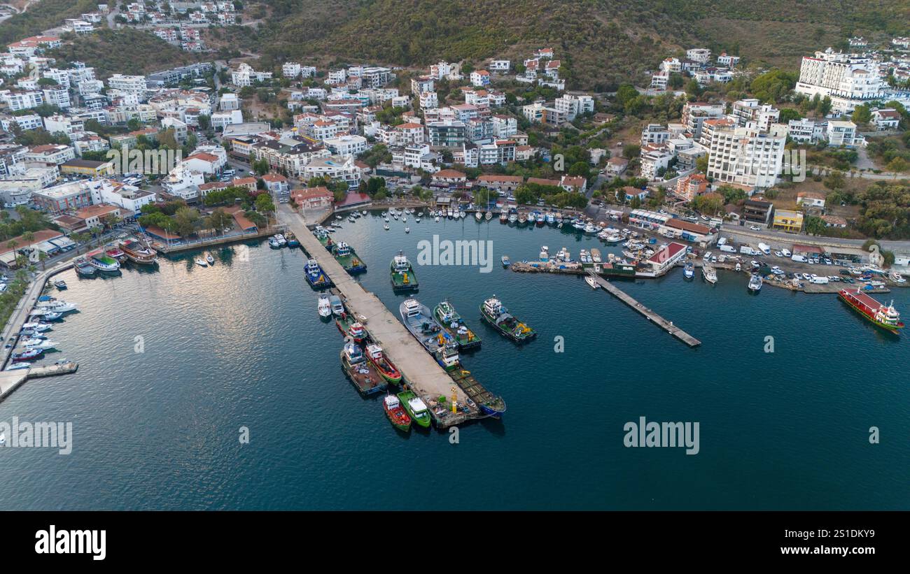 Drone aerial view of coastal city port of Gulluk in Turkey Stock Photo ...