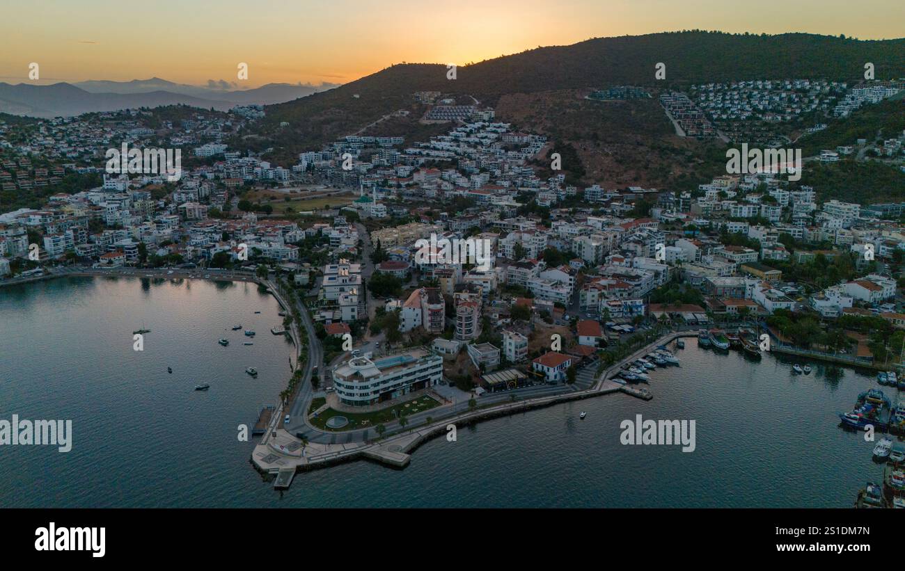 Drone aerial view of coastal city port of Gulluk in Turkey Stock Photo ...