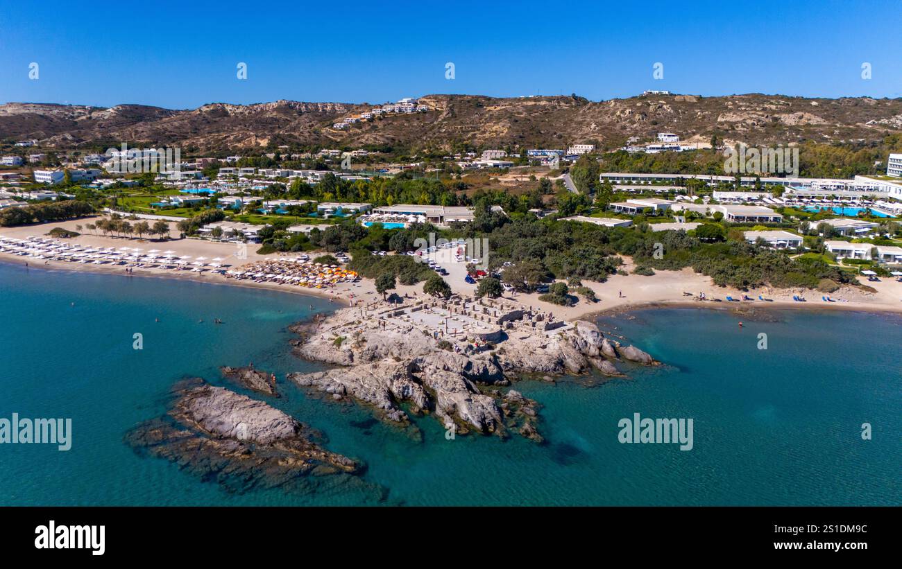 Drone aerial view of Kefalos beach with old ruing Stock Photo - Alamy