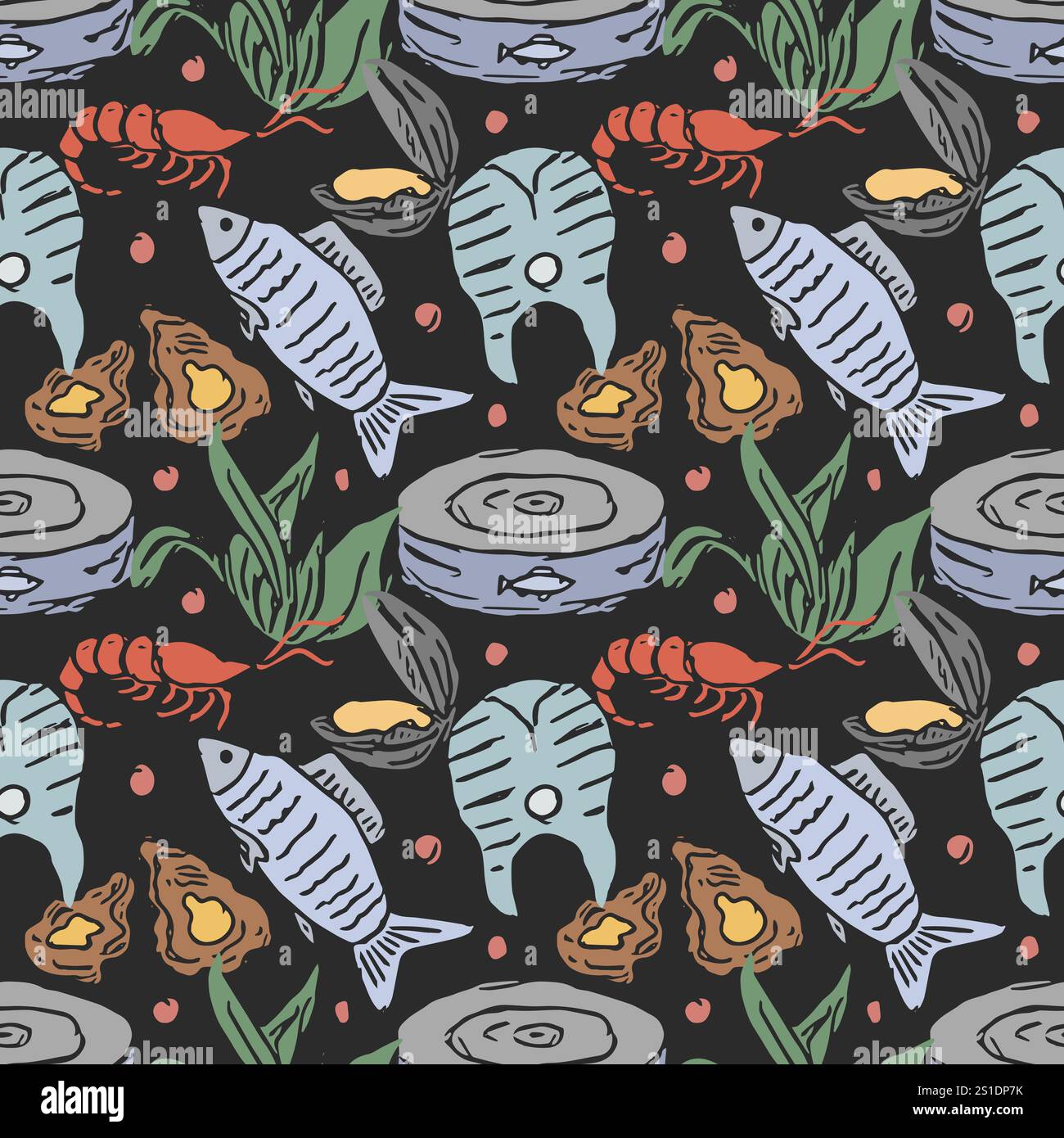 Seamless seafood pattern. Hand drawn sea food background Stock Photo ...