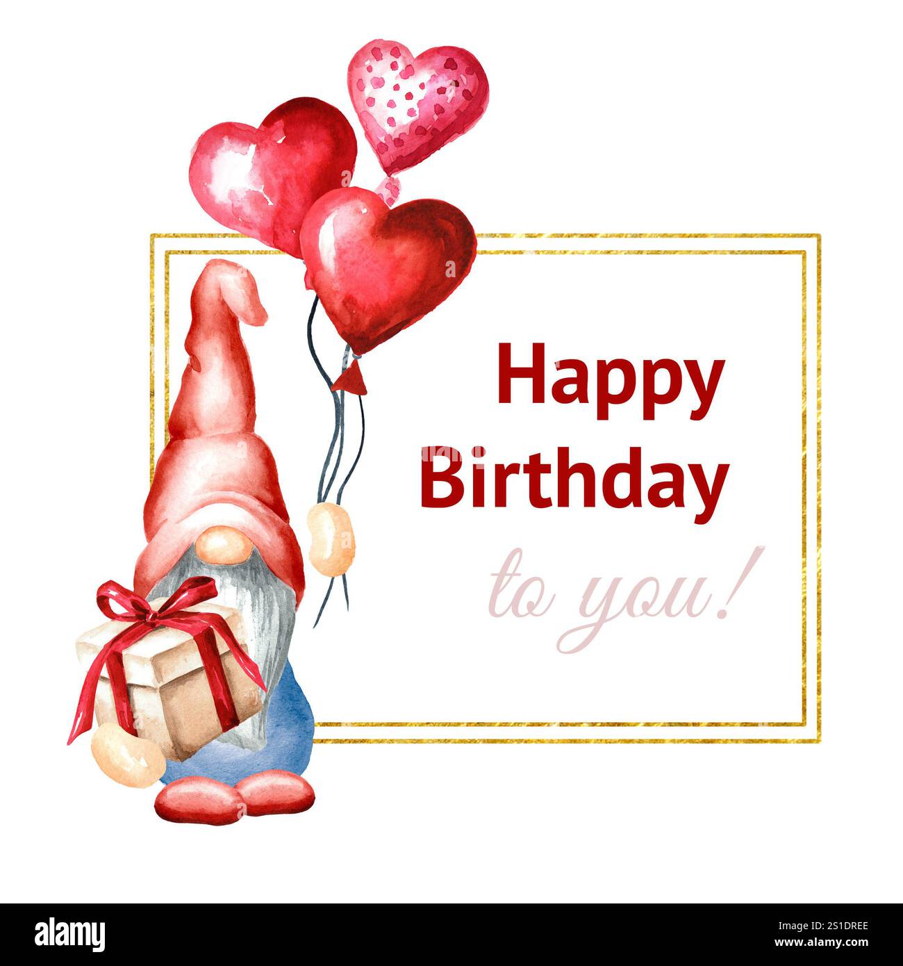 Happy Birthday card with gnome. Hand drawn watercolor illustrtion ...
