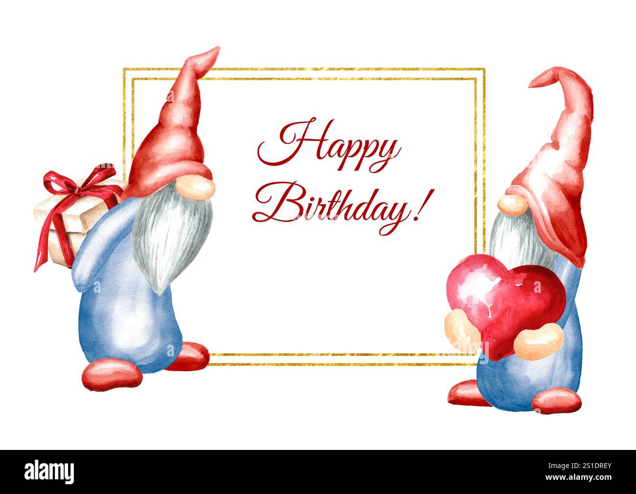 Happy Birthday card with gnomes. Hand drawn watercolor illustrtion ...