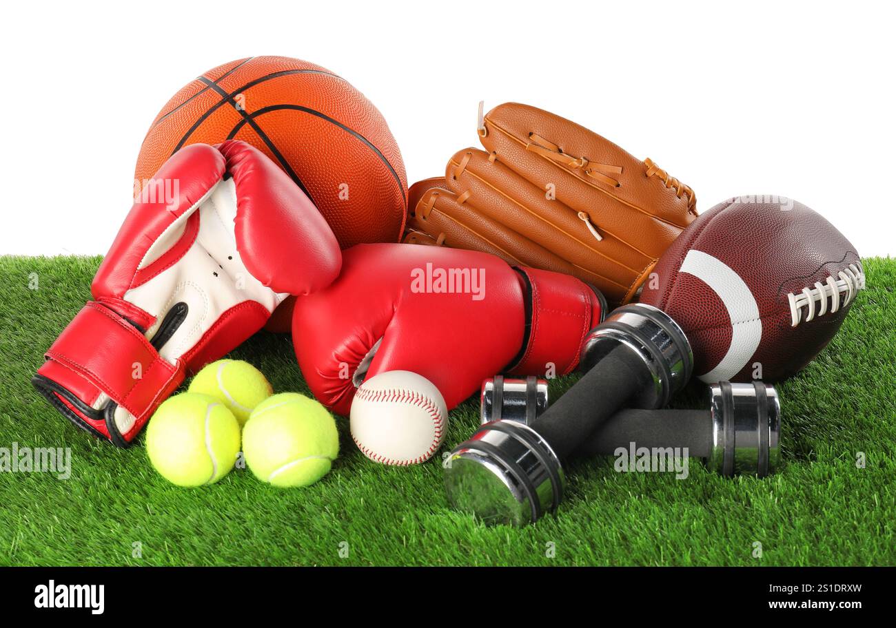 Different sport equipment on artificial grass isolated on white Stock ...