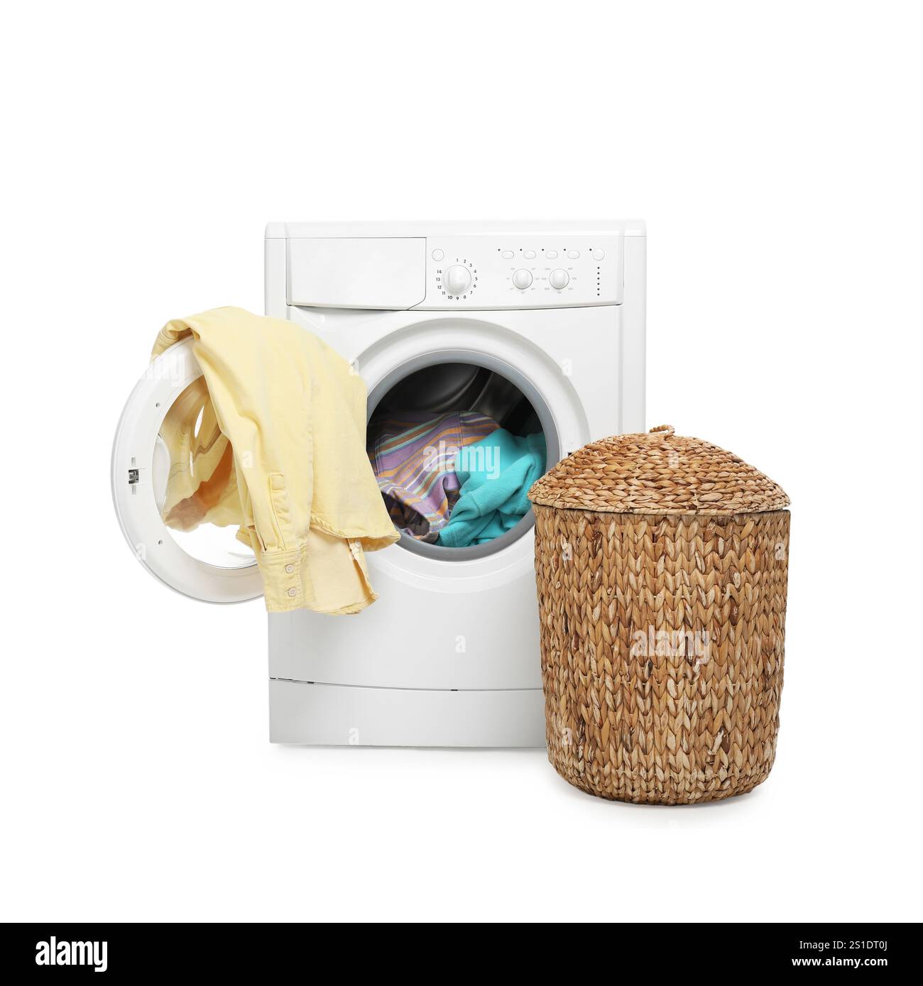 Modern washing machine and laundry basket isolated on white Stock Photo ...