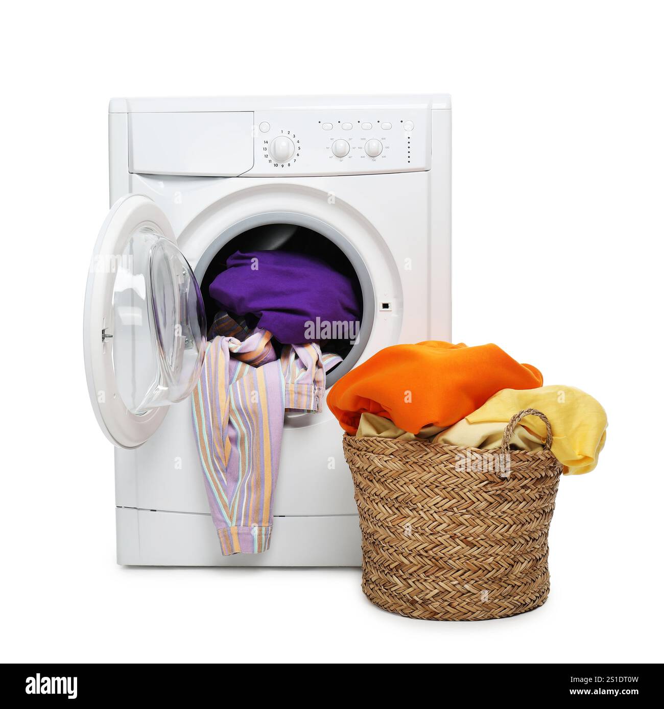Modern washing machine and laundry basket isolated on white Stock Photo ...