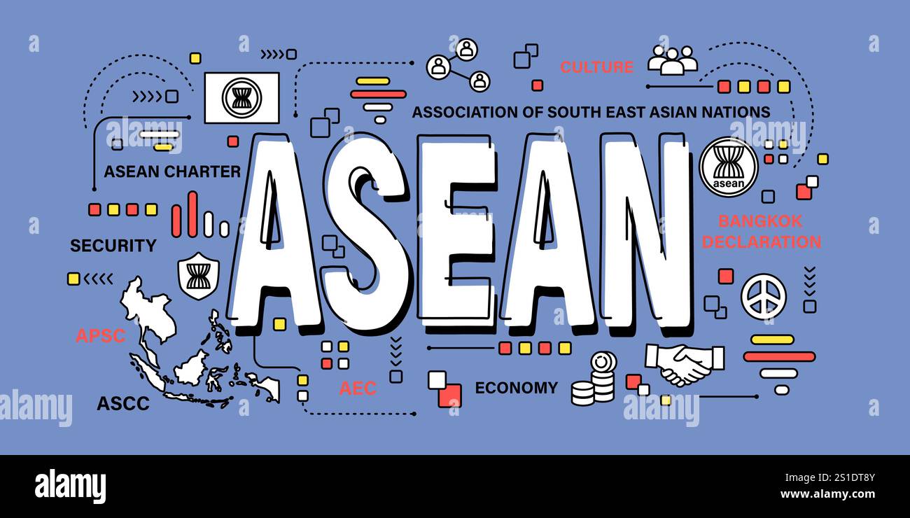 ASEAN . Association of South East Asian Nations . Word and outline icon ...