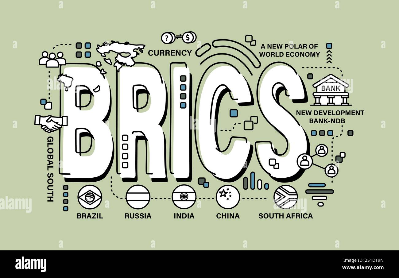 BRICS . Association of 5 countries . Word and outline icon on solid ...