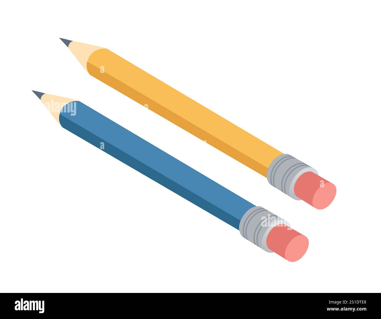 Two isometric pencils in yellow and blue with erasers, writing ...