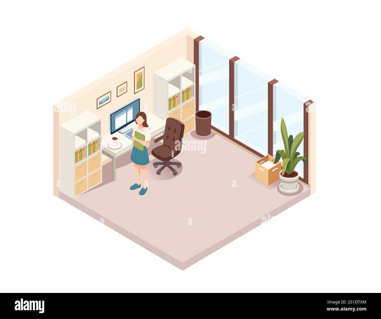 Isometric office interior with a woman working in a modern setup ...