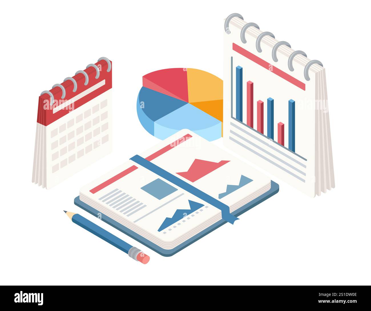 Isometric style collection of stationery items including a calendar ...