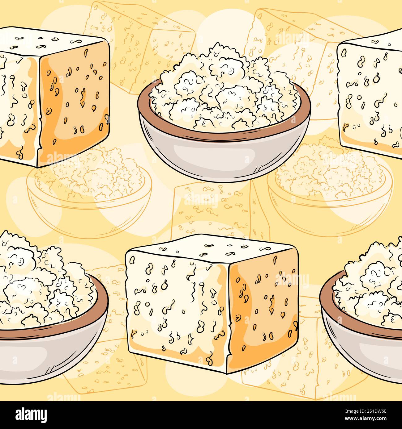 Hand drawn seamless pattern featuring bowls of cottage cheese and ...