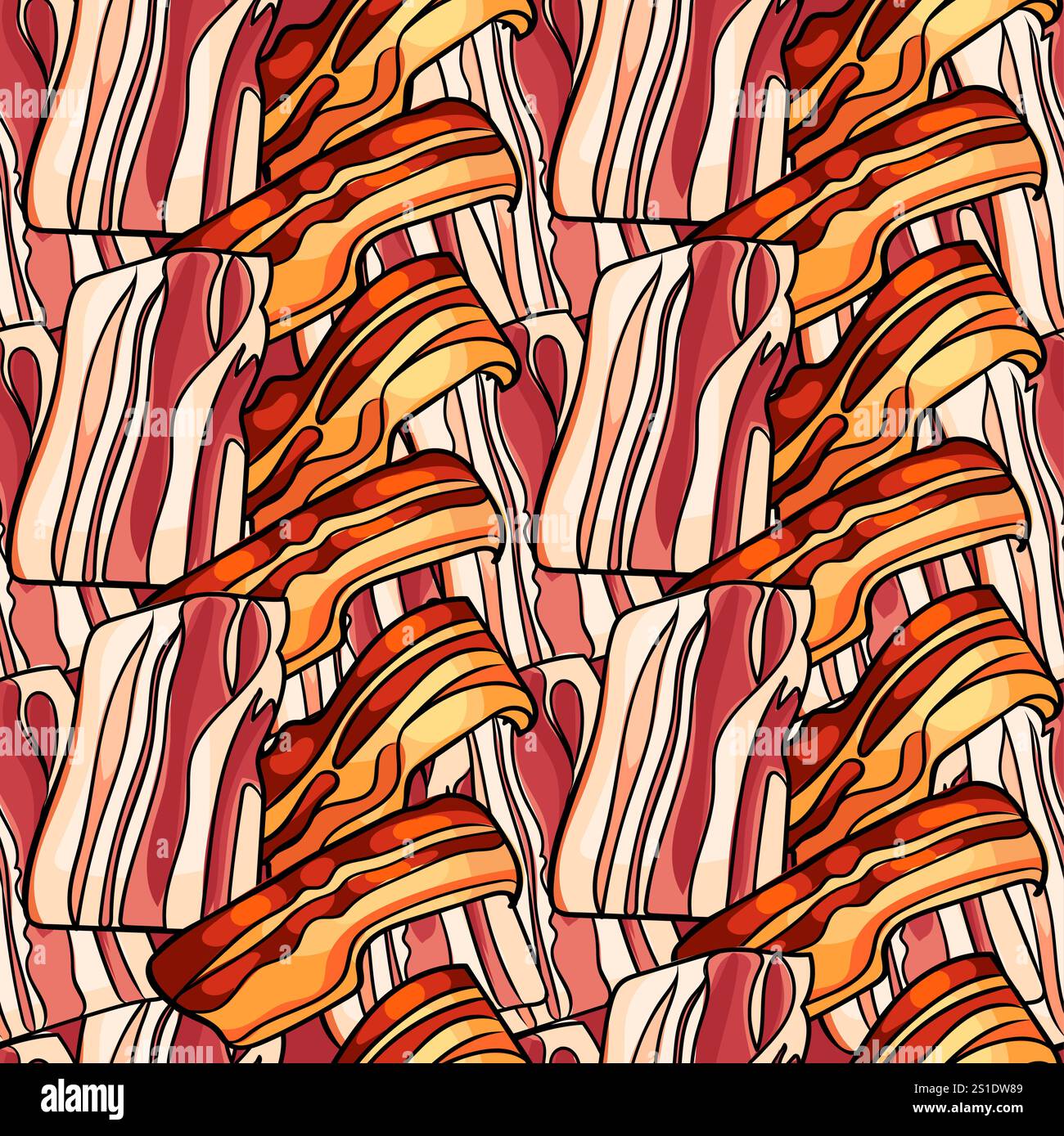 Seamless pattern crispy bacon , fried bacon strips. Perfect for breakfast themes, food packaging ...