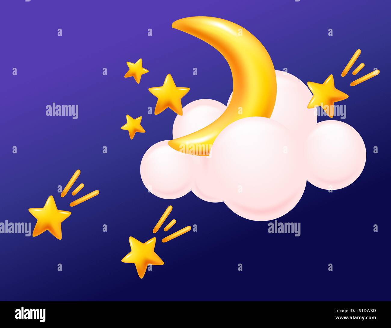 Moon and stars in the night sky with fluffy clouds on a gradient purple ...