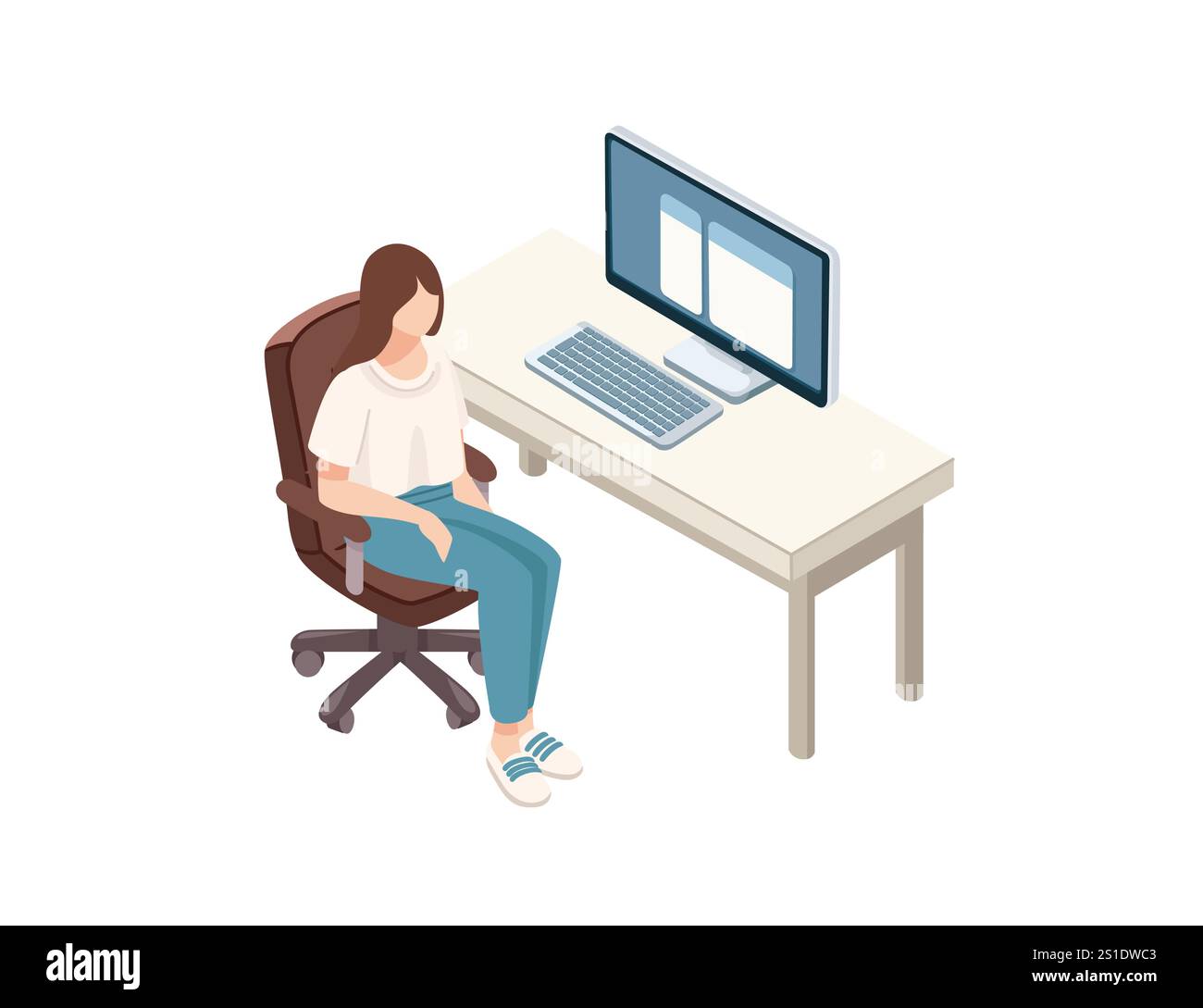 Isometric Woman working at a desk with a monitor. Productivity, remote work, and modern ...