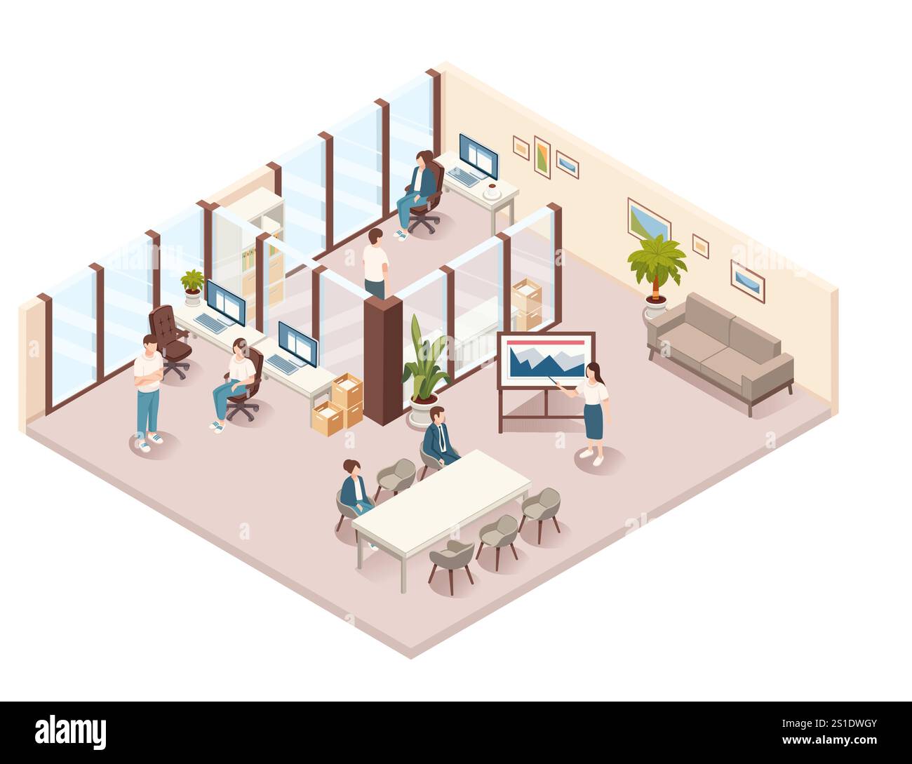 Isometric collaborative office space with multiple employees working in ...