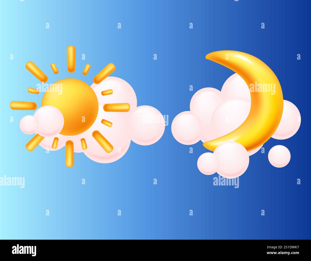 Sun and crescent moon with fluffy clouds against a gradient blue ...