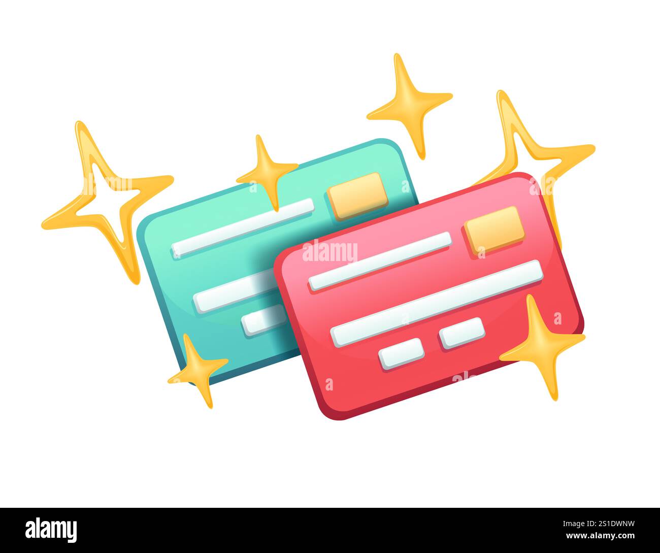 Flying colorful credit cards with golden stars and glitter. Debit bank ...