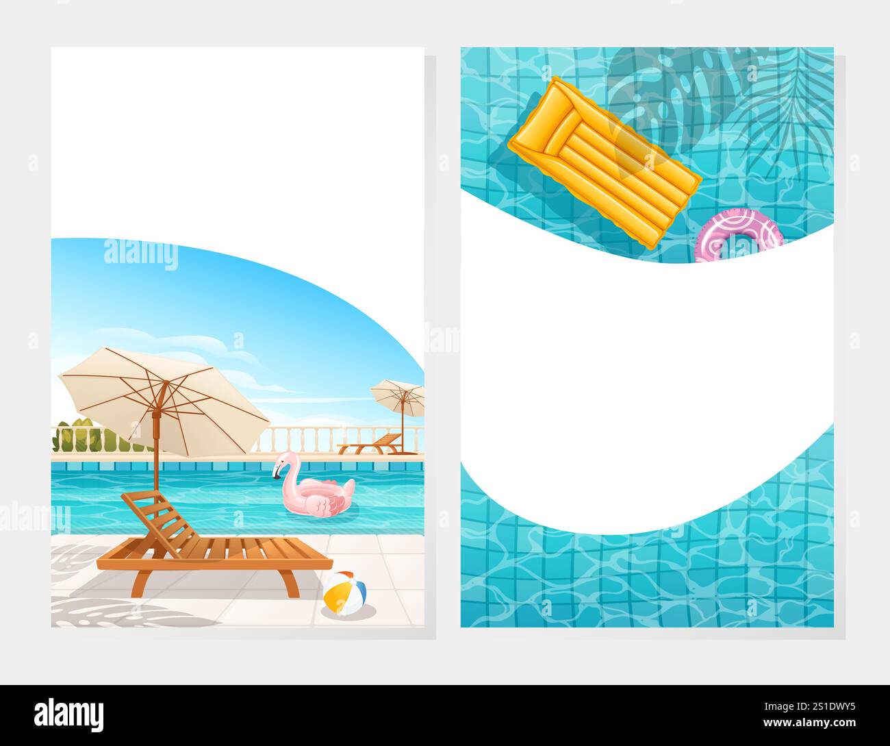 Poolside background with lounge chair, umbrella, and inflatable ...