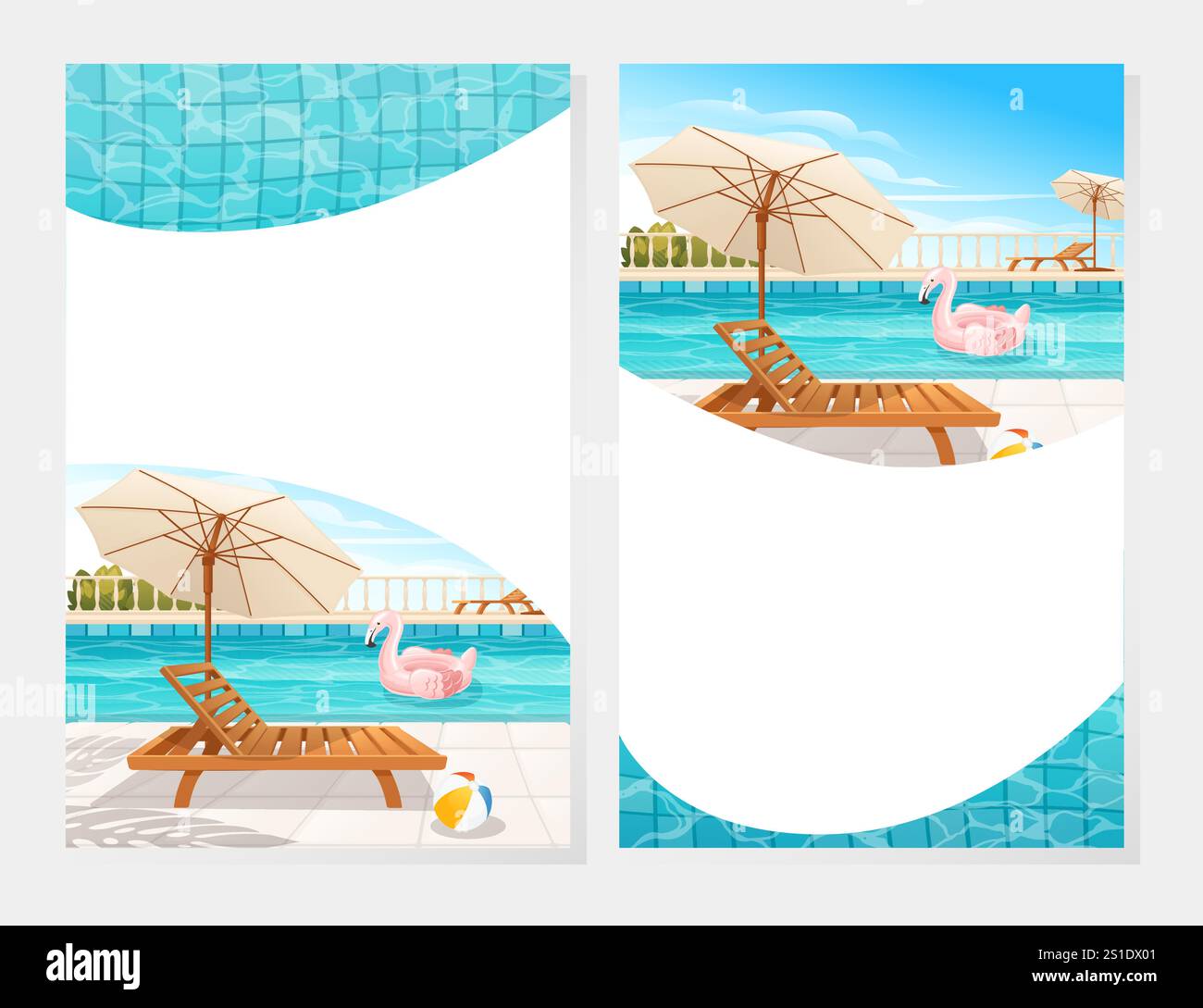 Poolside background with lounge chair, umbrella, and inflatable ...
