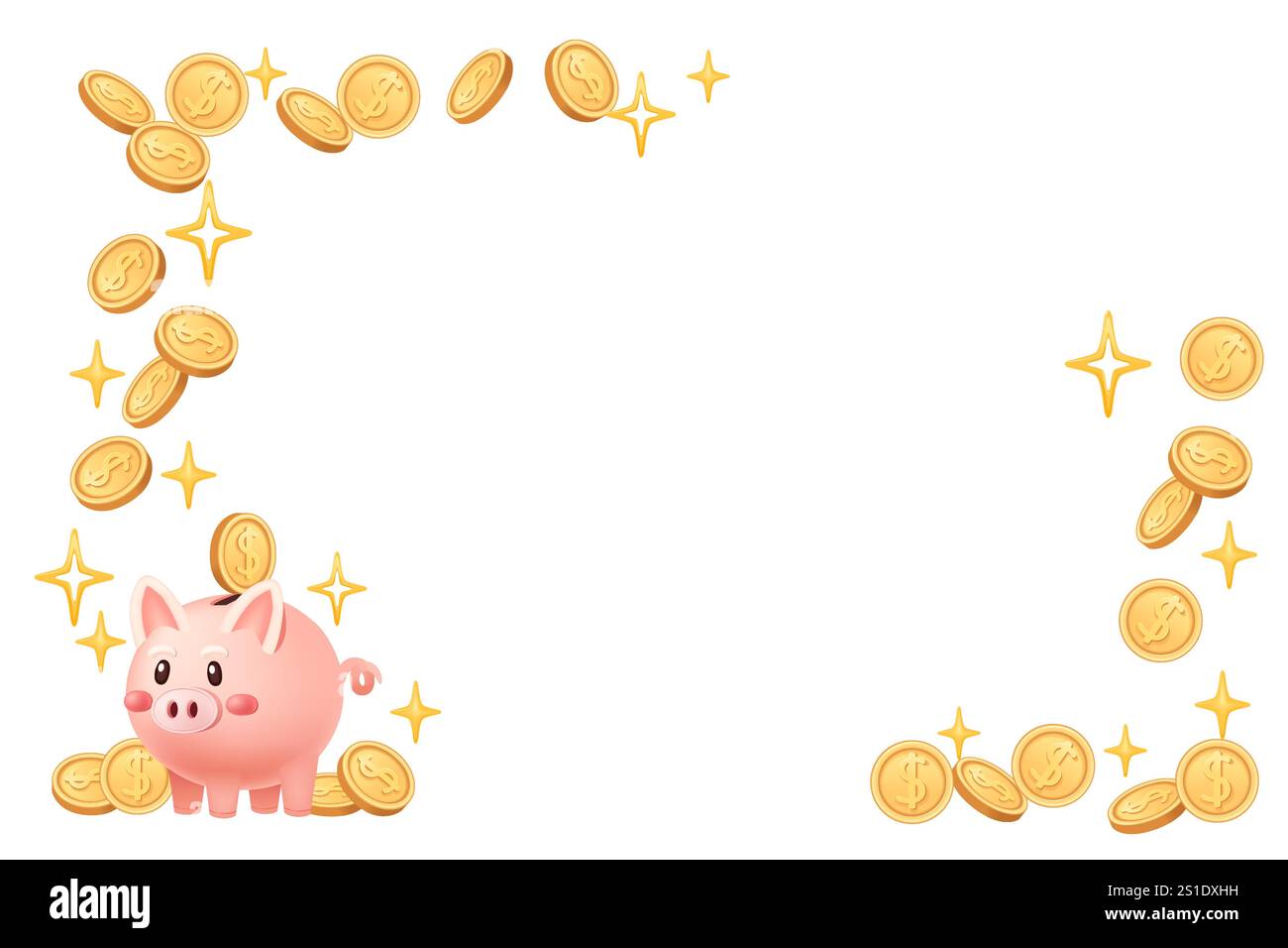 Money frame with piggy bank, coins, and sparkles. Greeting card or ...