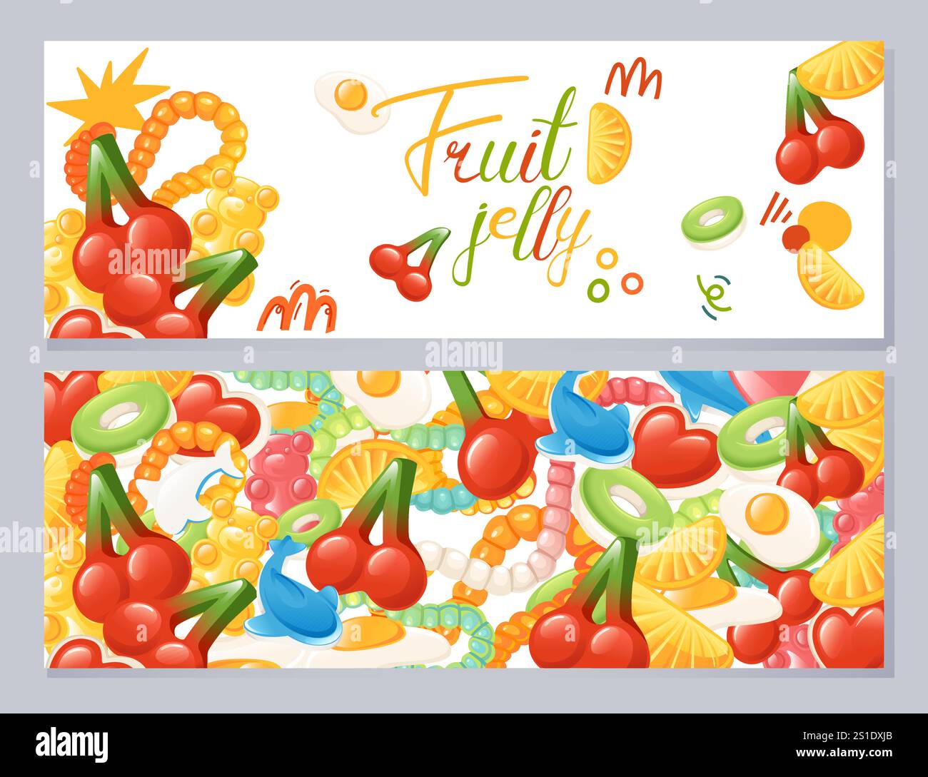 Colorful poster with fruit jelly candies. Horizontal design banner with ...