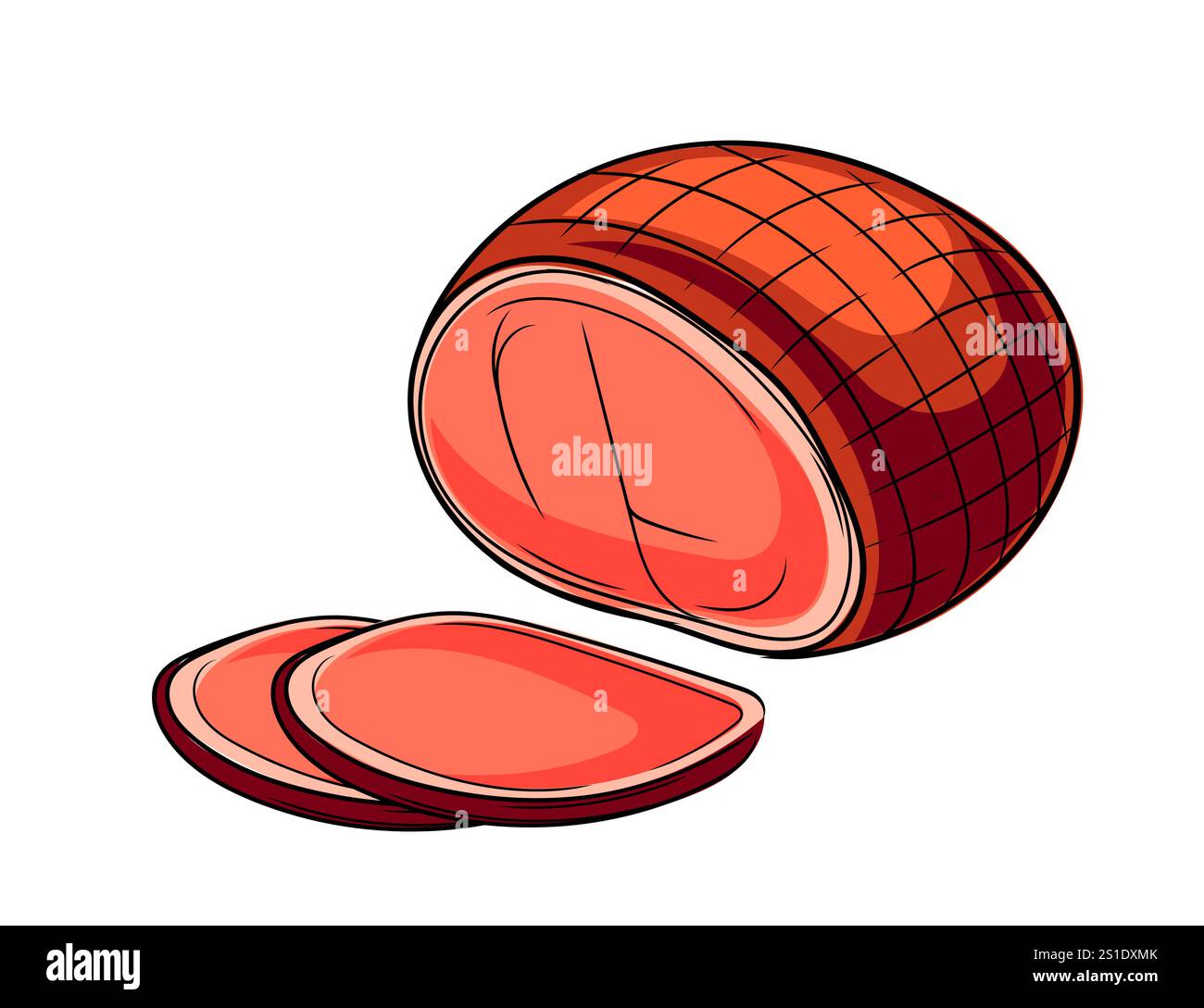 Whole ham with a slice, meat product packaging. Red meat food, hand ...