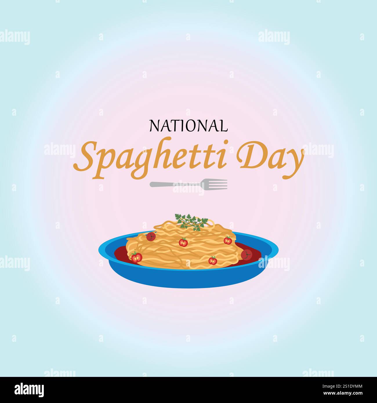 National Spaghetti Day. Spaghetti, plate and fork. Postcard, banner ...
