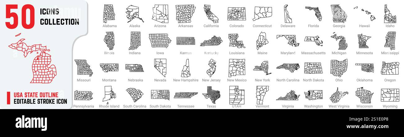 USA State outline editable stroke icon set also includes New York, Iowa ...